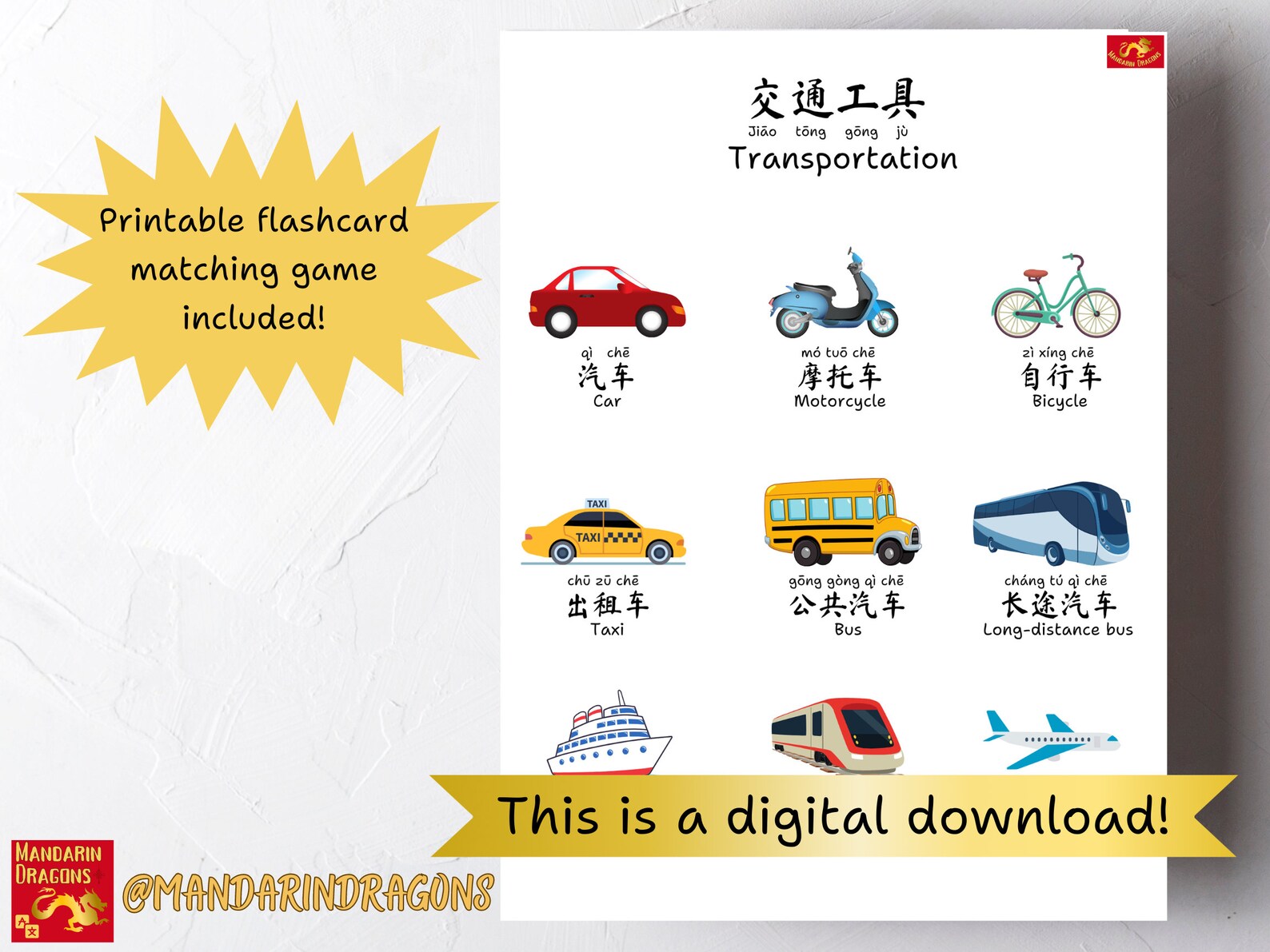 Chinese Learning Poster - Transportation. Simplified Mandarin ...