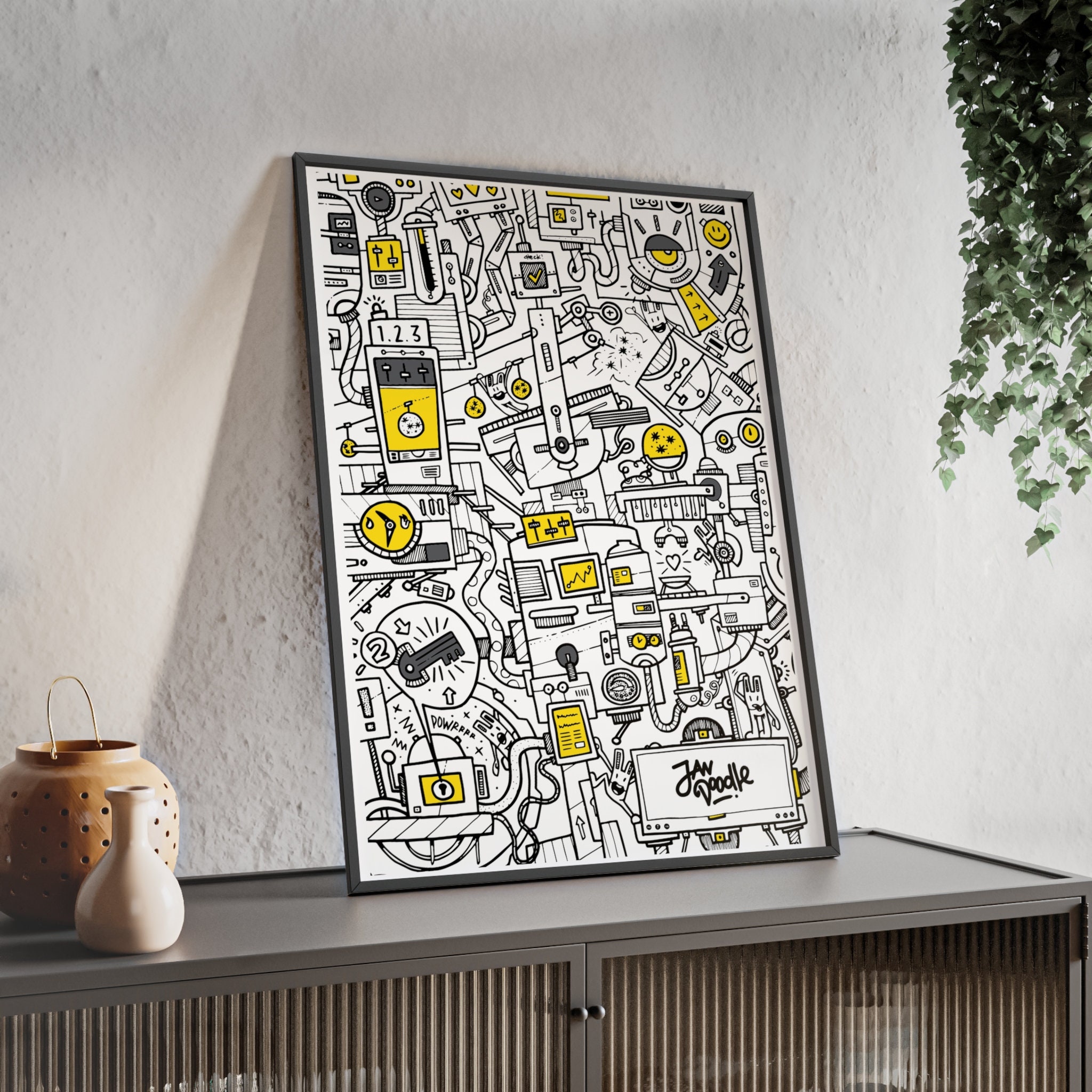 Doodle Machine Yellow Doodle Art Poster Wood Frame Art Poster Free ...