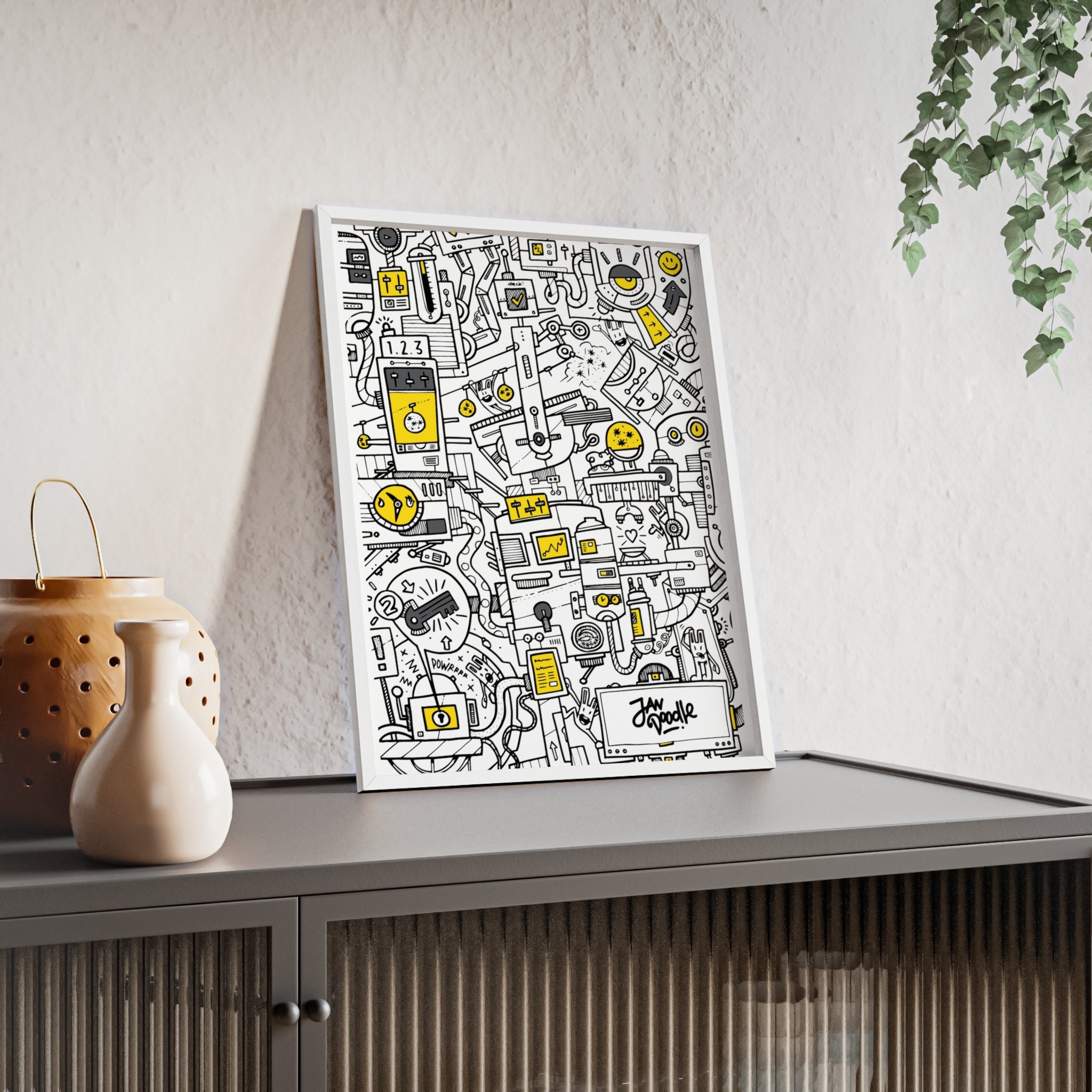 Doodle Machine Yellow Doodle Art Poster Wood Frame Art Poster Free ...