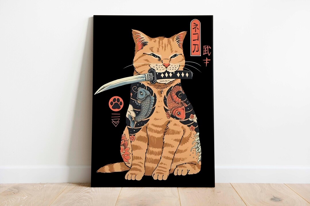 Cat Samurai Art Japanese Poster | Japanese Cat Art Print | Cat Lovers ...