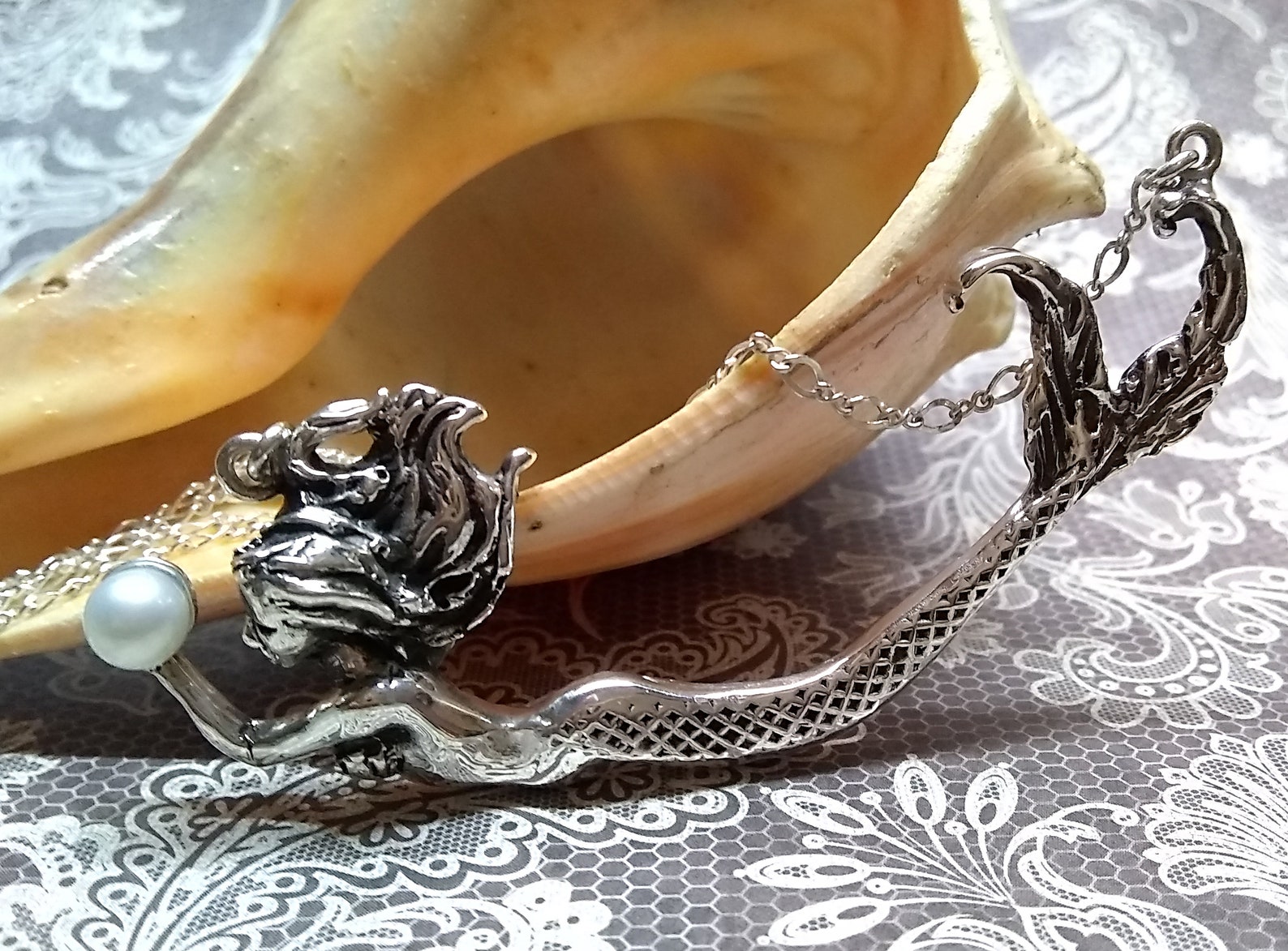 Mermaid Necklace, Sterling Silver Mermaid, Pearl Necklace , Fantasy Art ...