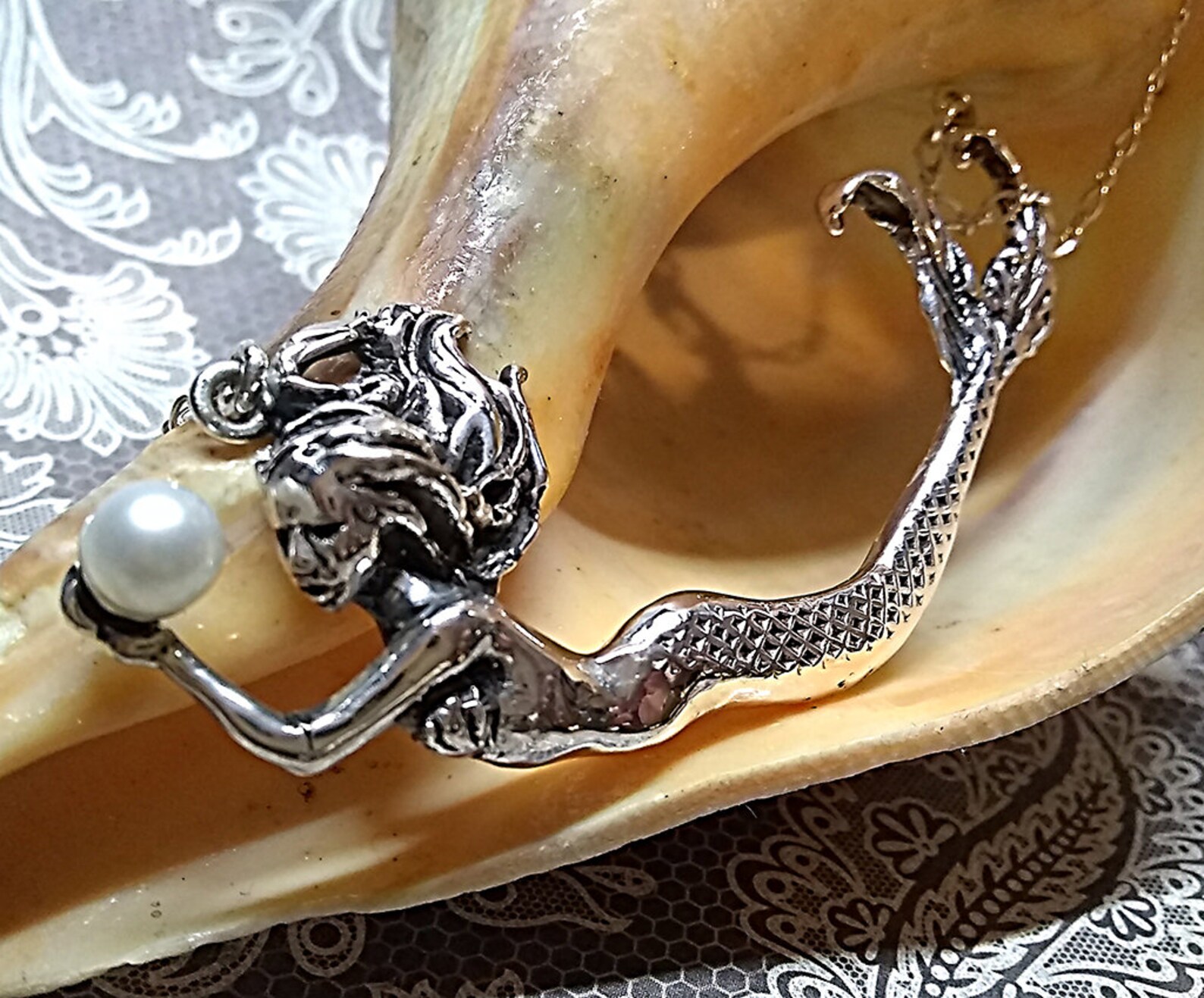 Mermaid Necklace, Sterling Silver Mermaid, Pearl Necklace , Fantasy Art ...