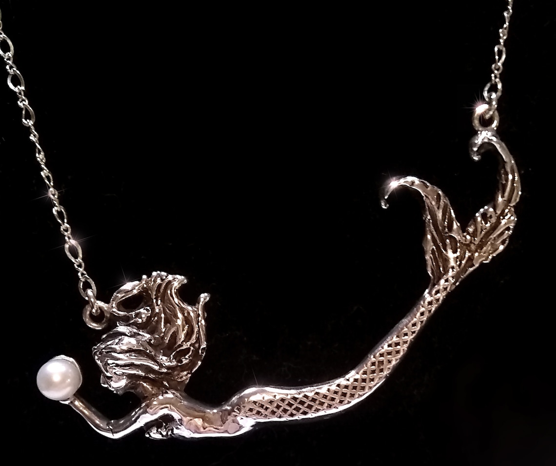 Mermaid Necklace, Sterling Silver Mermaid, Pearl Necklace , Fantasy Art ...