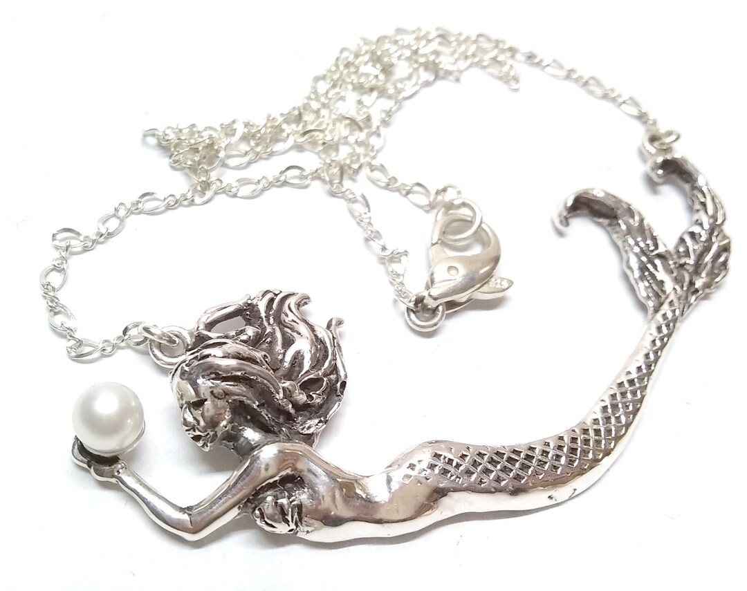 Mermaid Necklace, Sterling Silver Mermaid, Pearl Necklace , Fantasy Art ...