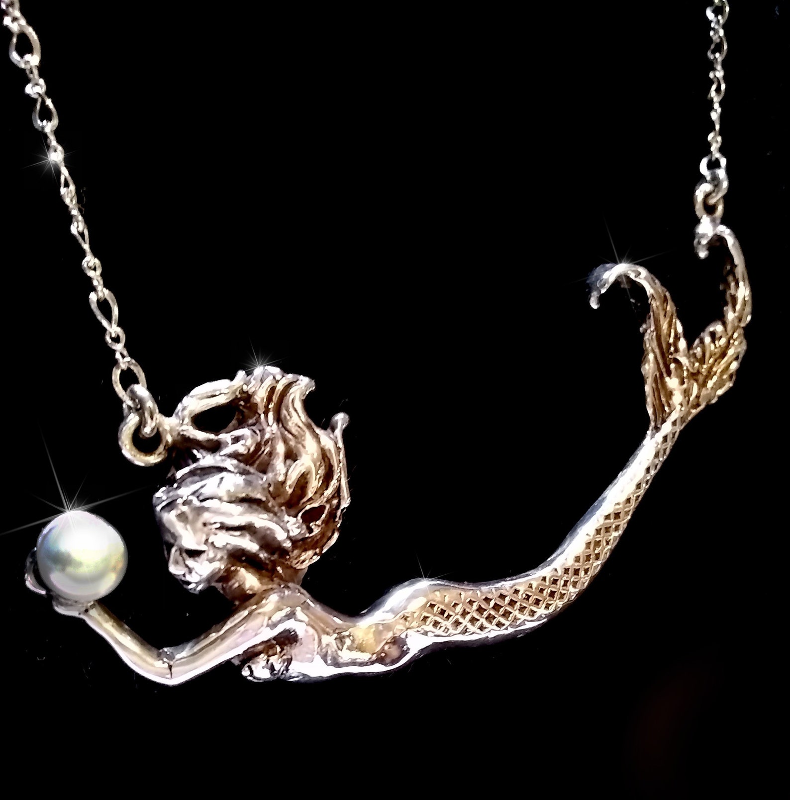 Mermaid Necklace, Sterling Silver Mermaid, Pearl Necklace , Fantasy Art ...