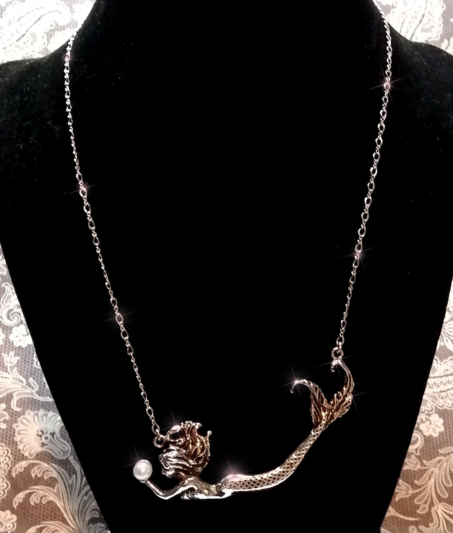 Mermaid Necklace, Sterling Silver Mermaid, Pearl Necklace , Fantasy Art ...