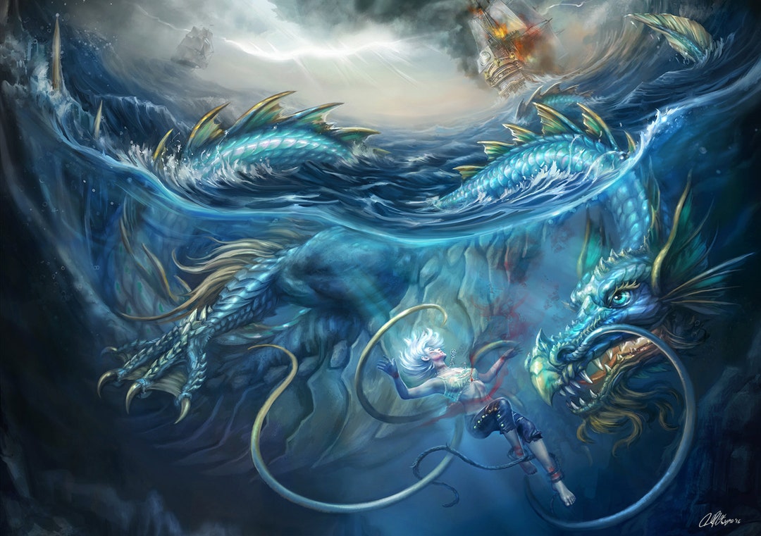 Fantasy Art, Dragon Art Print, Sea Serpent , Illustration, Nautical ...