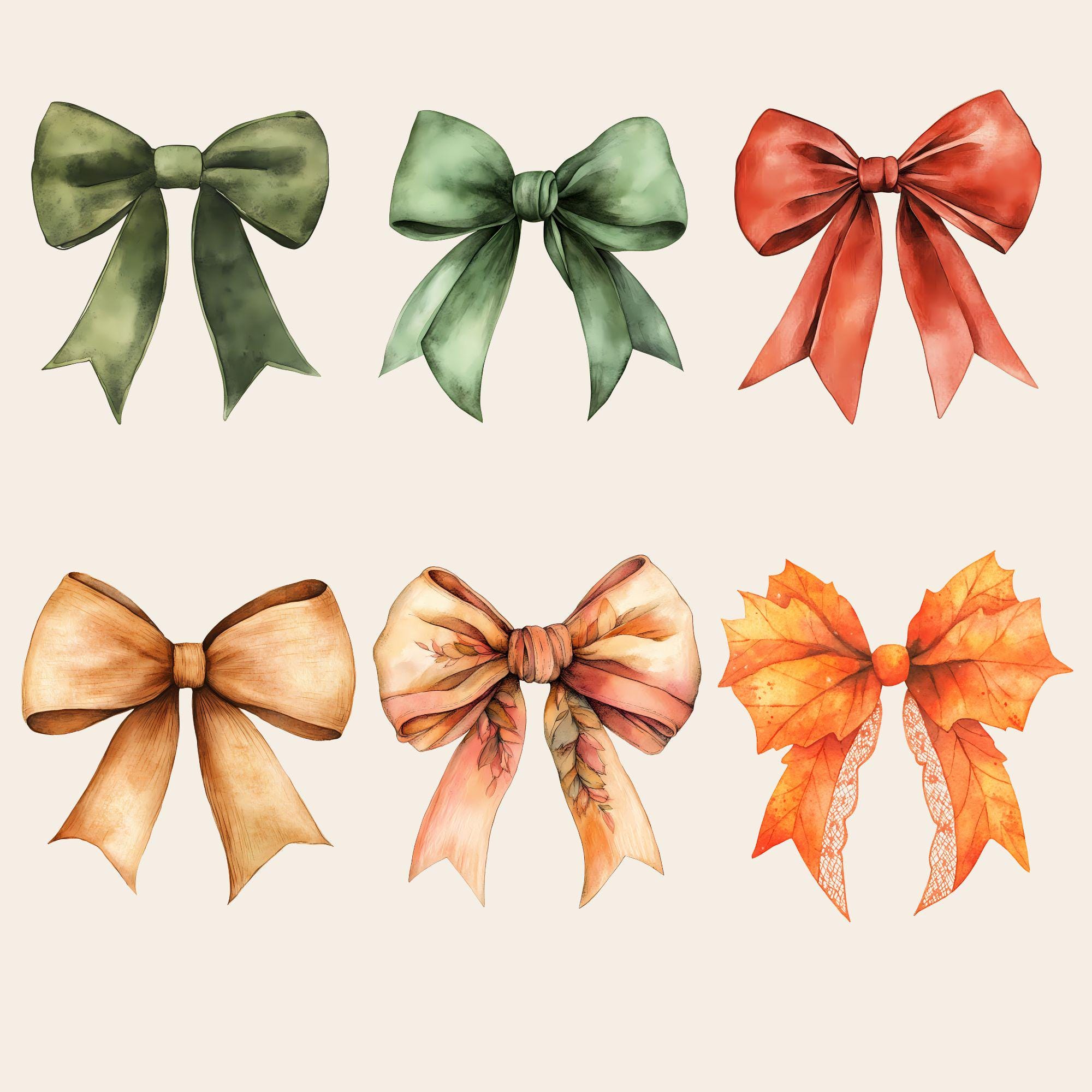 Watercolour Fall Autumn Coquette Bow Clipart Graphics, Green Orange ...