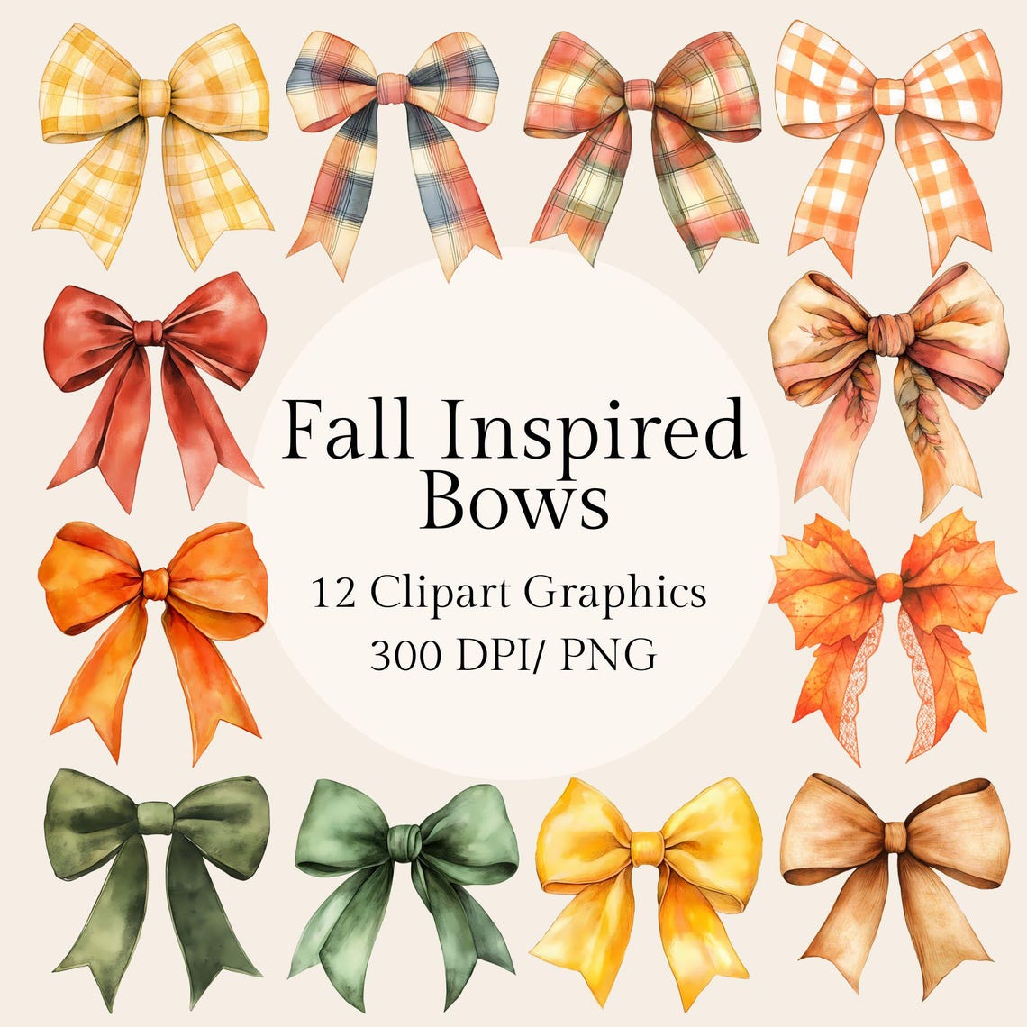 Watercolour Fall Autumn Coquette Bow Clipart Graphics, Green Orange ...