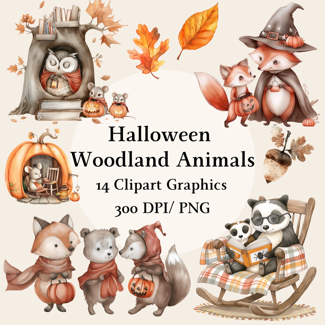 Whimsical Watercolour Halloween Woodland Animals Clipart Graphics ...