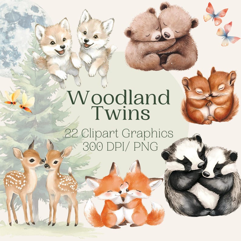 Watercolour Woodland Animal Twin Sibling Clipart, Instant Digital ...