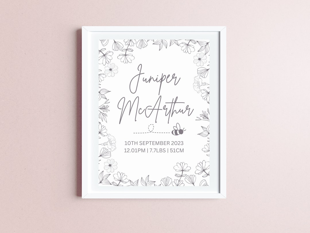 Custom Baby Name Print, Birth Details Art Wall Print, Floral Nursery ...