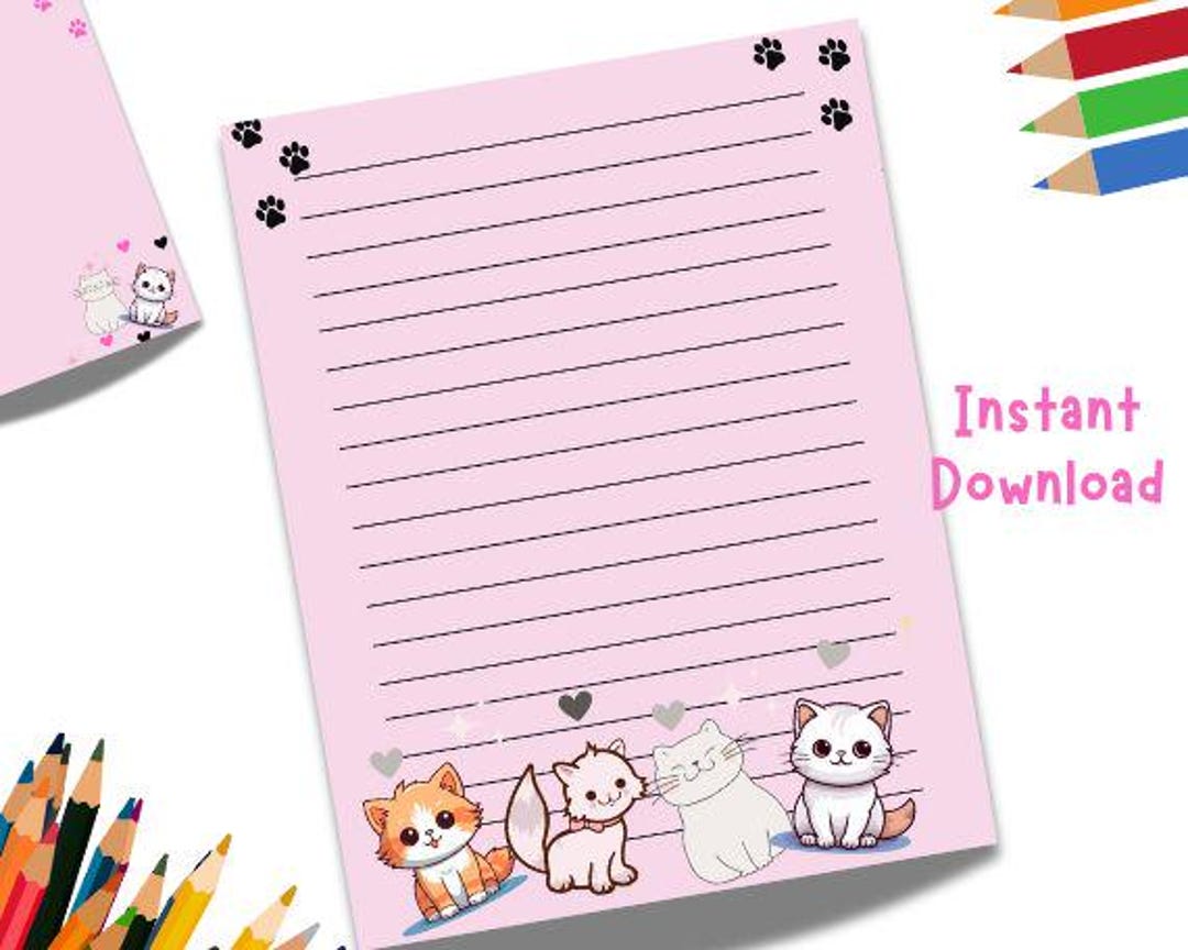 Cute Cat Digital Lined Writing Paper Cat Design Instant Download for ...