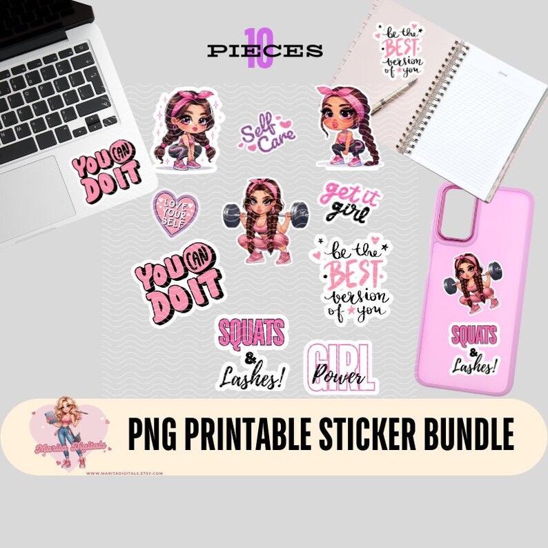 Gym Girl PNG Bundle, Self-care Digital Stickers, Printable Stickers ...