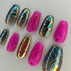 Jinx Arcane Inspired Press-on Nails Hand Painted Hextech Graffiti Gel ...