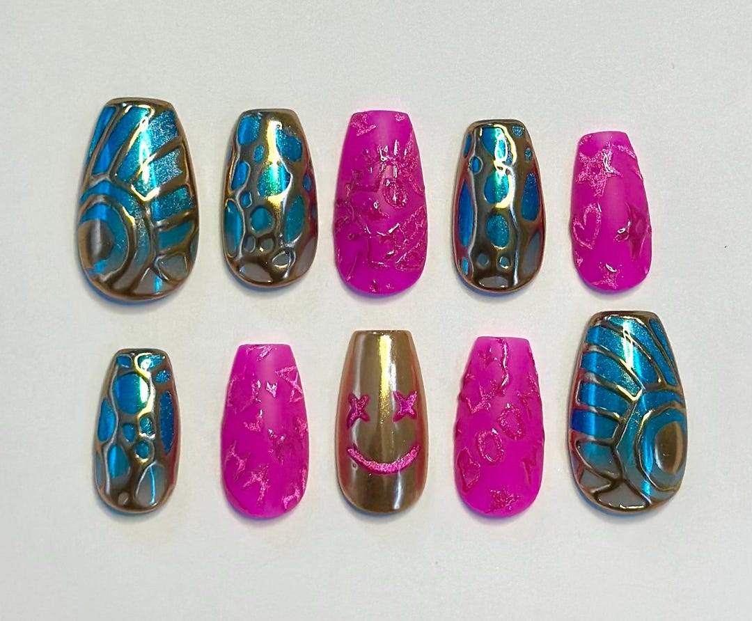 Jinx Arcane Inspired Press-on Nails Hand Painted Hextech Graffiti Gel ...