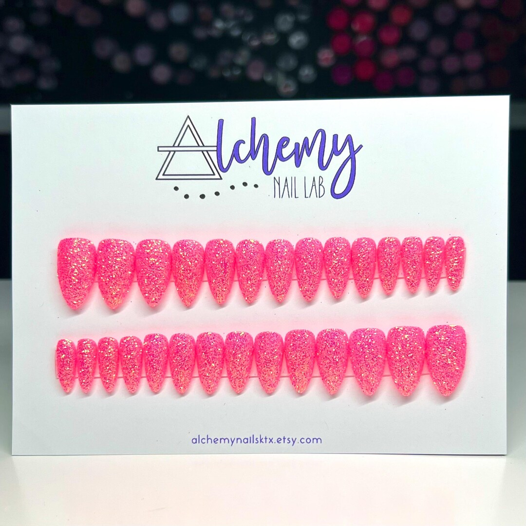 Neon Pink Lemonade | 28-pc Set, Pink Sugar Press on Nails, Sparkly Pink ...