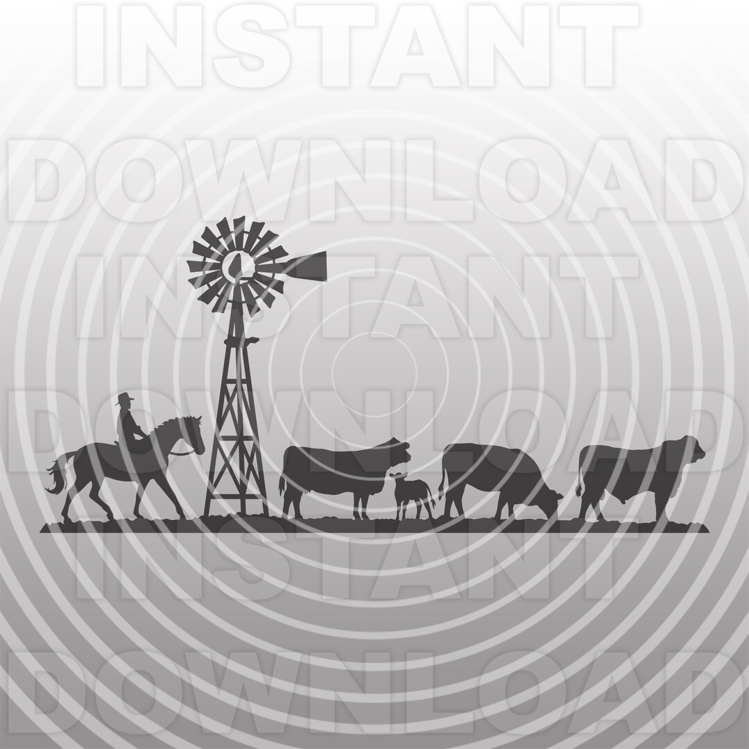 Brangus Show Cattle Ranching Scene With Farm Windmill and Horseback ...