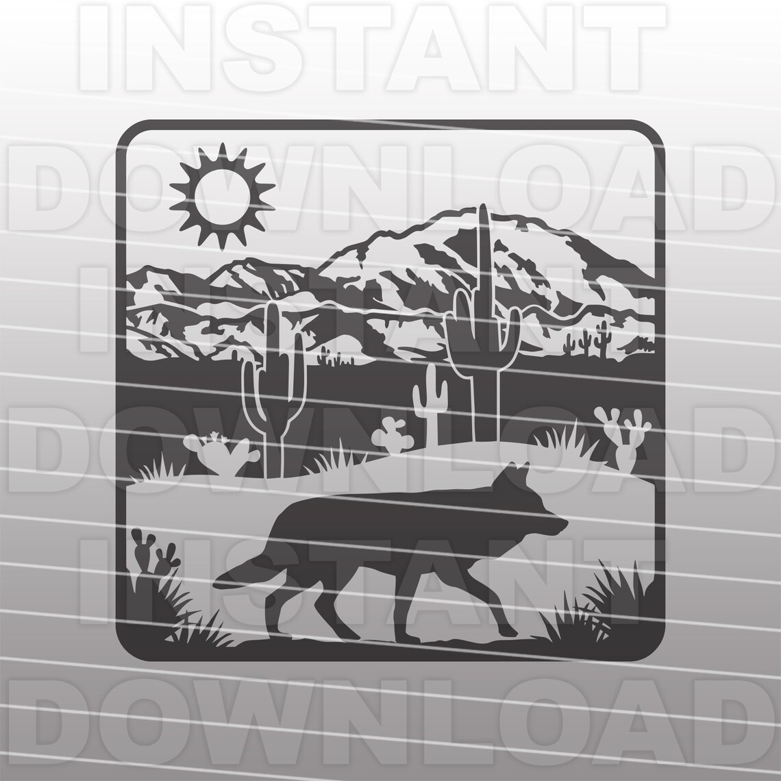 Southwest Desert Mountain Scene With Coyote and Saguaro Cactus SVG File ...
