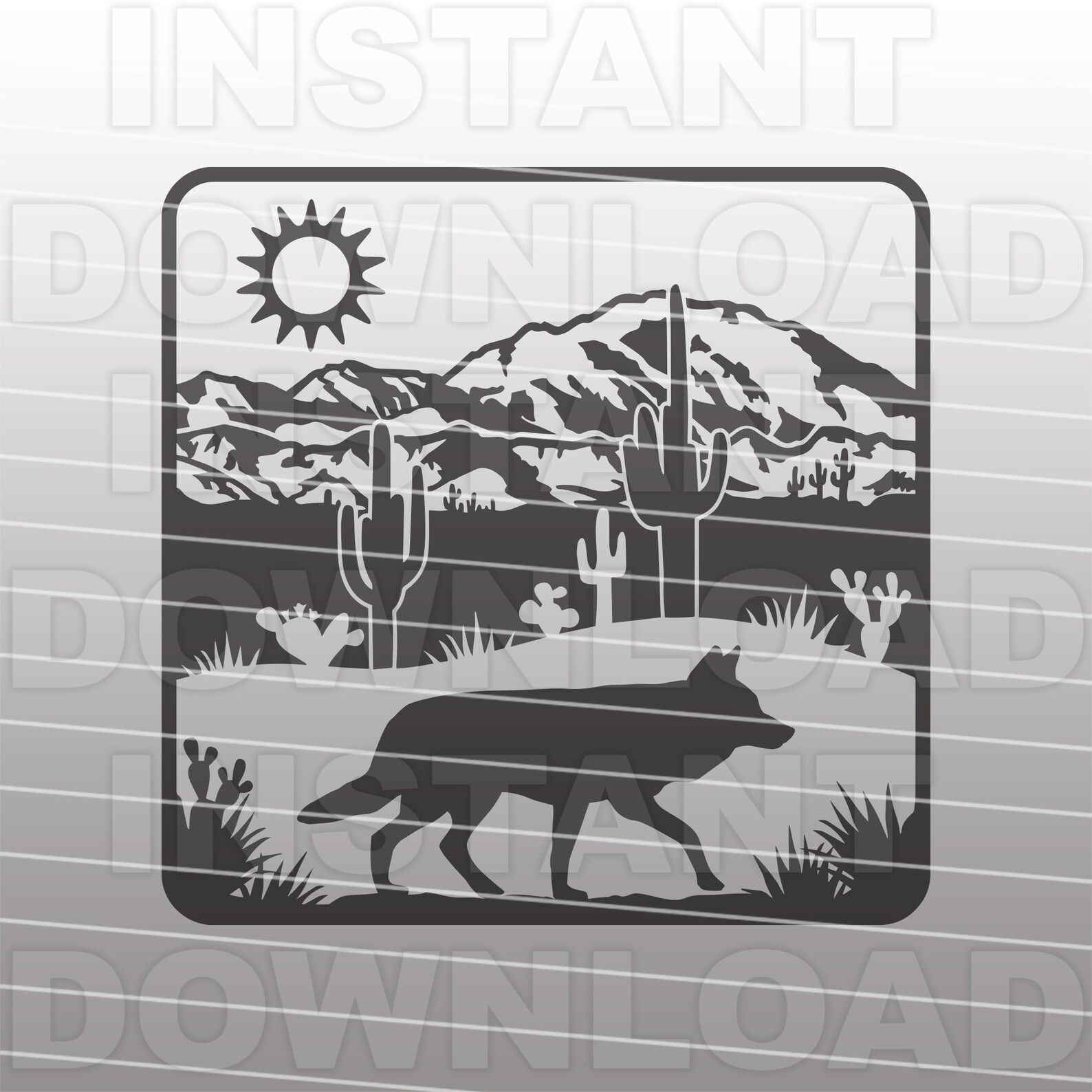 Southwest Desert Mountain Scene With Coyote and Saguaro Cactus SVG File ...