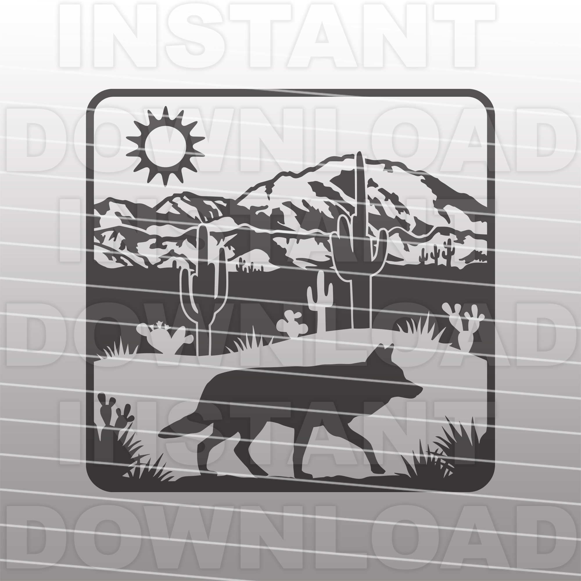 Southwest Desert Mountain Scene With Coyote and Saguaro Cactus SVG File ...