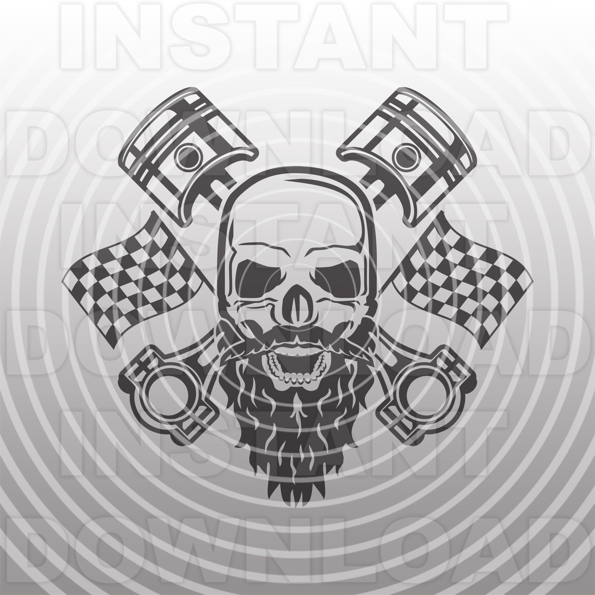 Crossed Pistons Checkered Flag Car Racing Skull with Beard SVG | Etsy