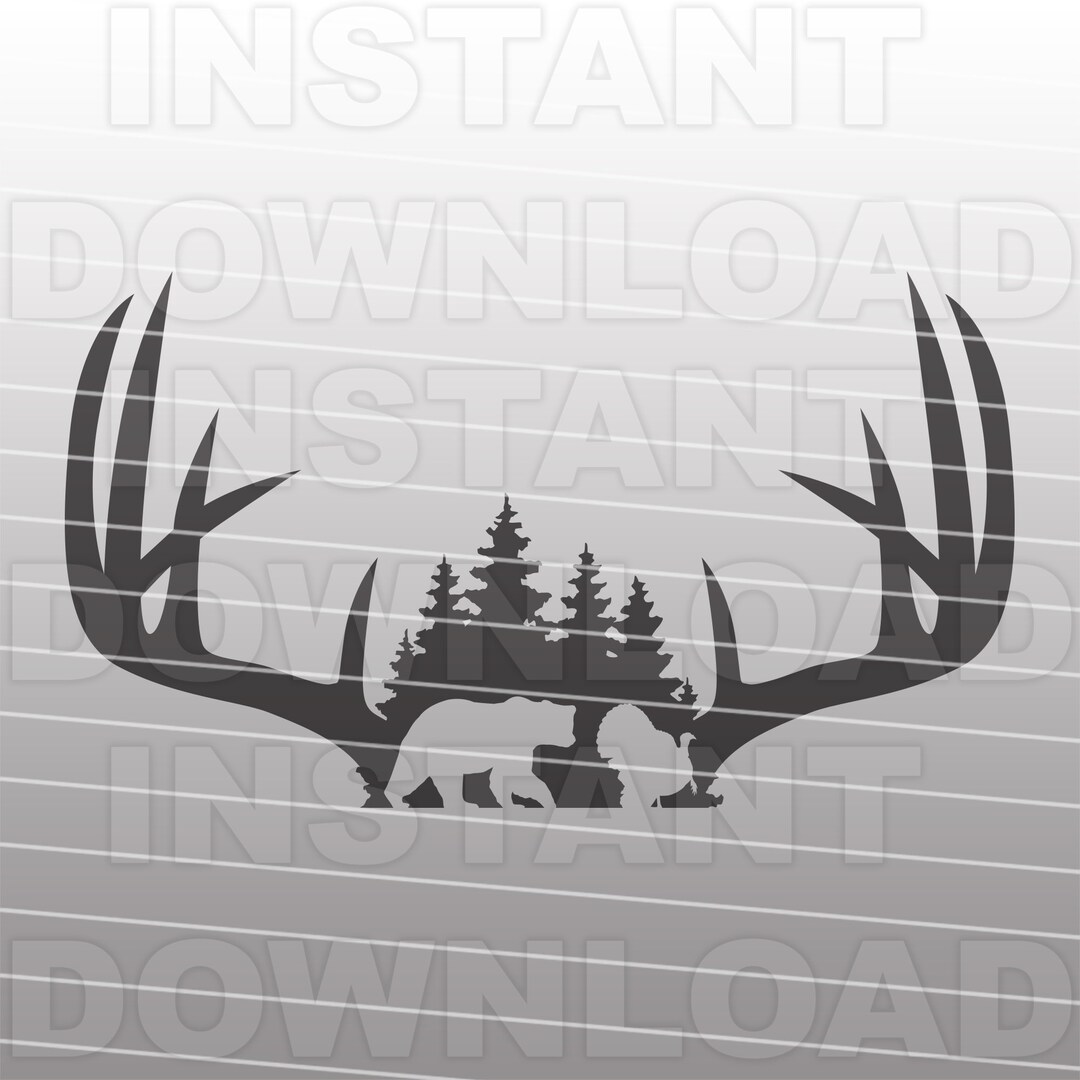 Big Buck Deer Antlers With Turkey and Bear in Forest Scene SVG File ...