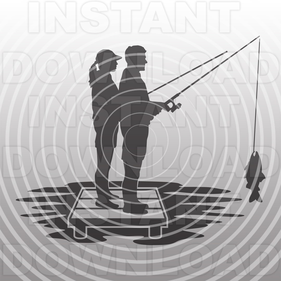Young Couple With Fishing Rods Fishing Together on Dock SVG File,man ...