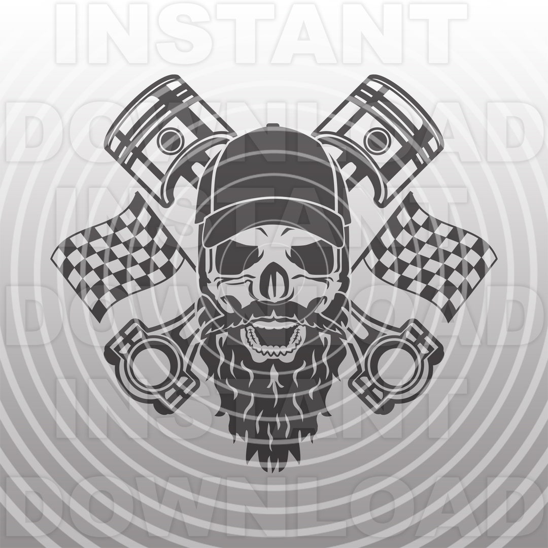 Crossed Pistons Checkered Flag Car Racing Skull With Hat and Beard SVG ...