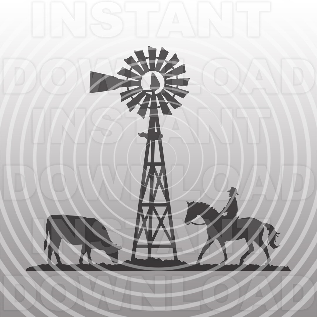 Cattle Ranching Scene With Farm Windmill SVG File,rancher SVG File ...