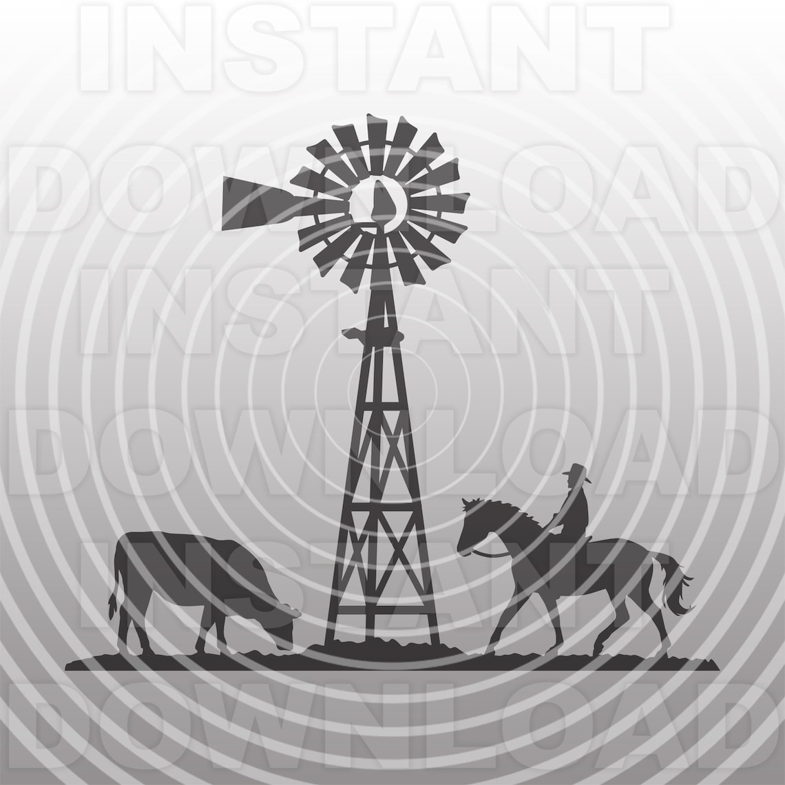 Cattle Ranching Scene With Farm Windmill SVG File,rancher SVG File ...