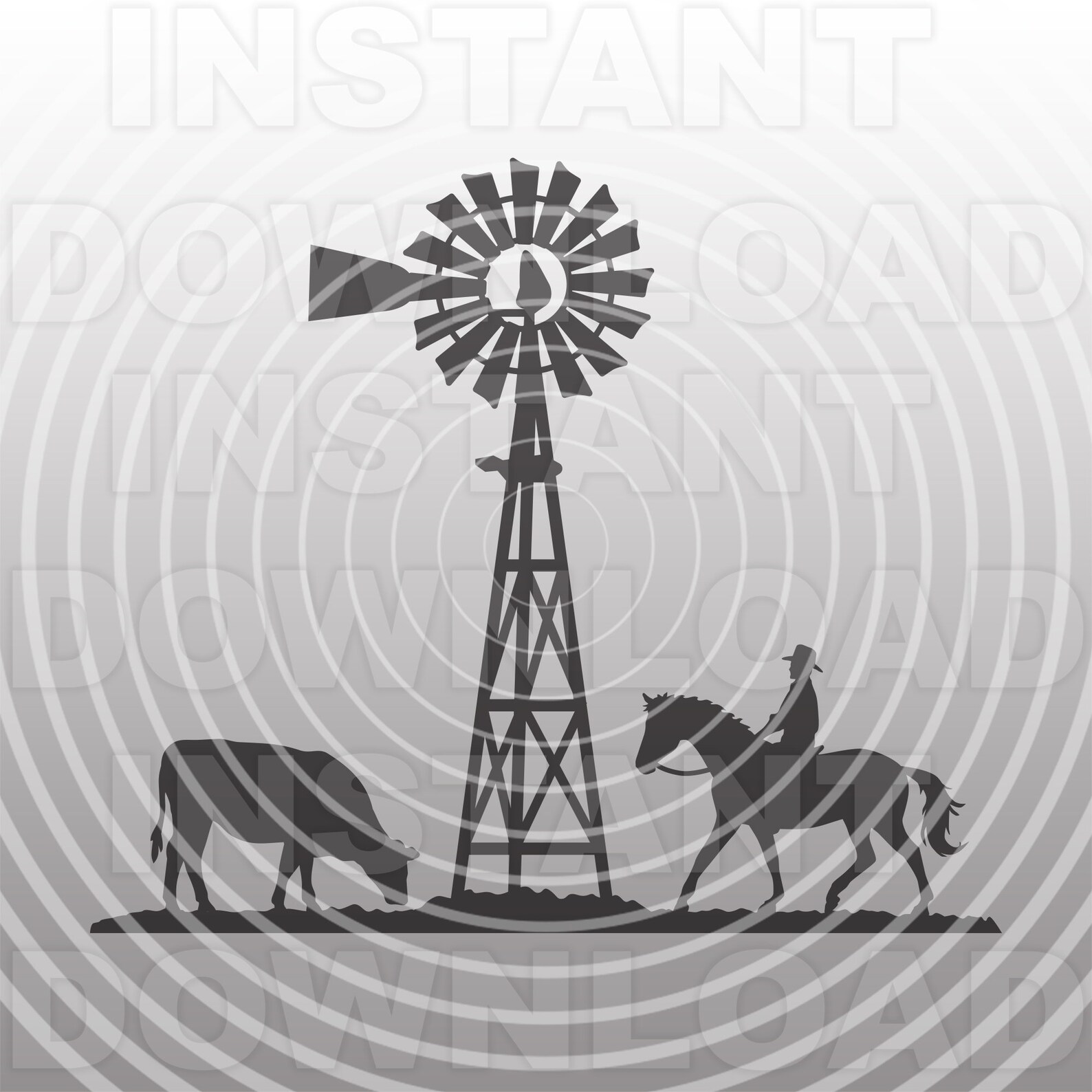 Cattle Ranching Scene With Farm Windmill SVG File,rancher SVG File ...