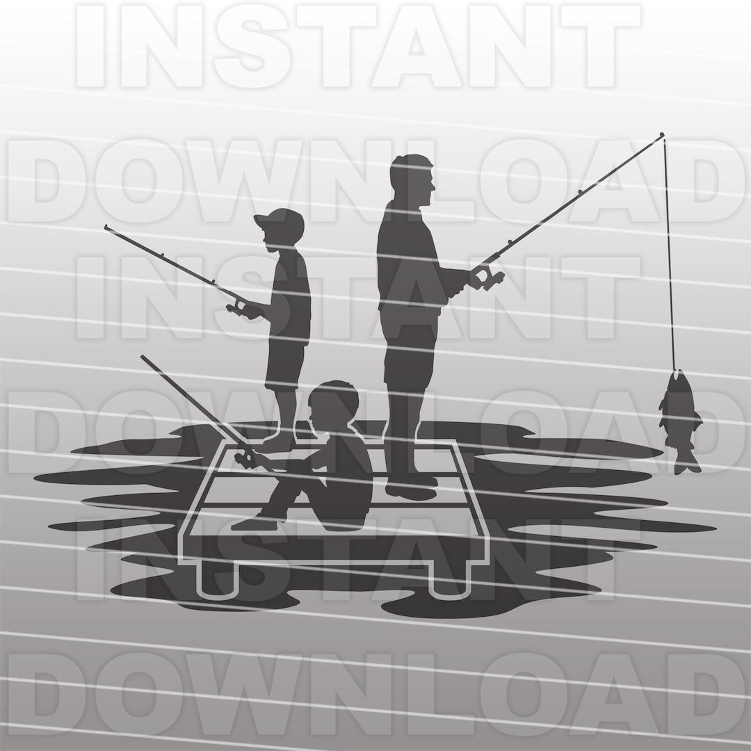 Father and Two Sons With Fishing Rods Fishing Together on Lake Dock SVG ...