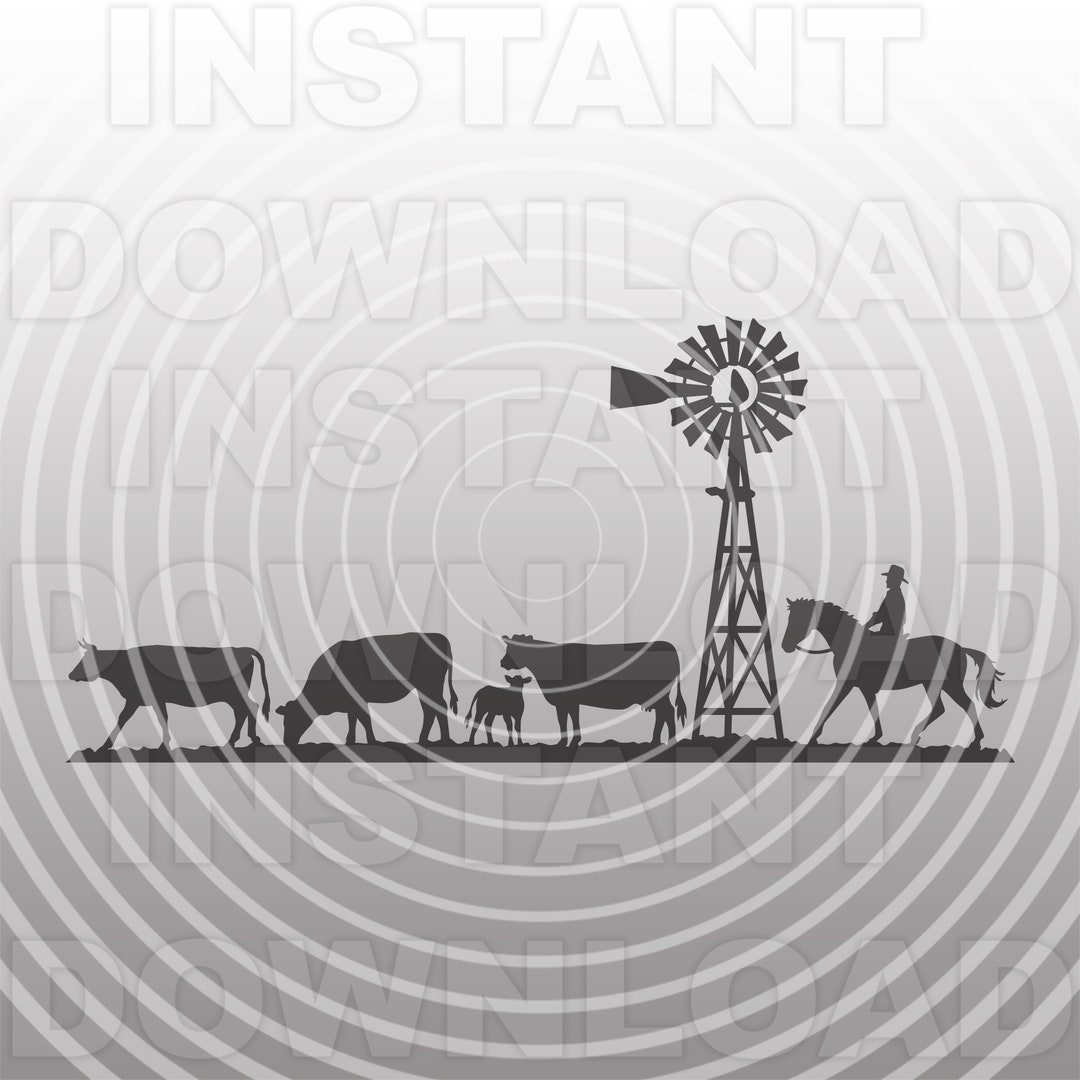 Cattle Ranching Scene With Farm Windmill and Horseback Rider SVG File ...