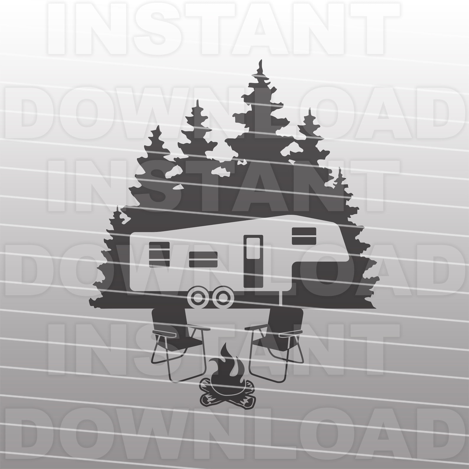 Fifth Wheel Rv Camper With Campfire Svg File Vector Clip Art Etsy