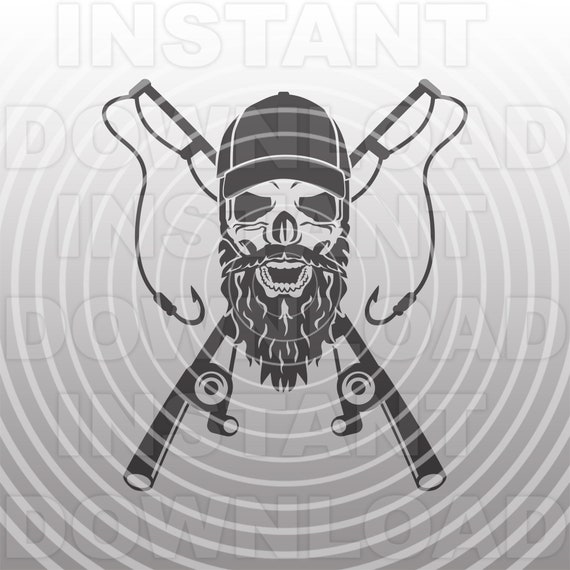 Fisherman Skull With Beard and Crossed Fishing Rods SVG File - Etsy