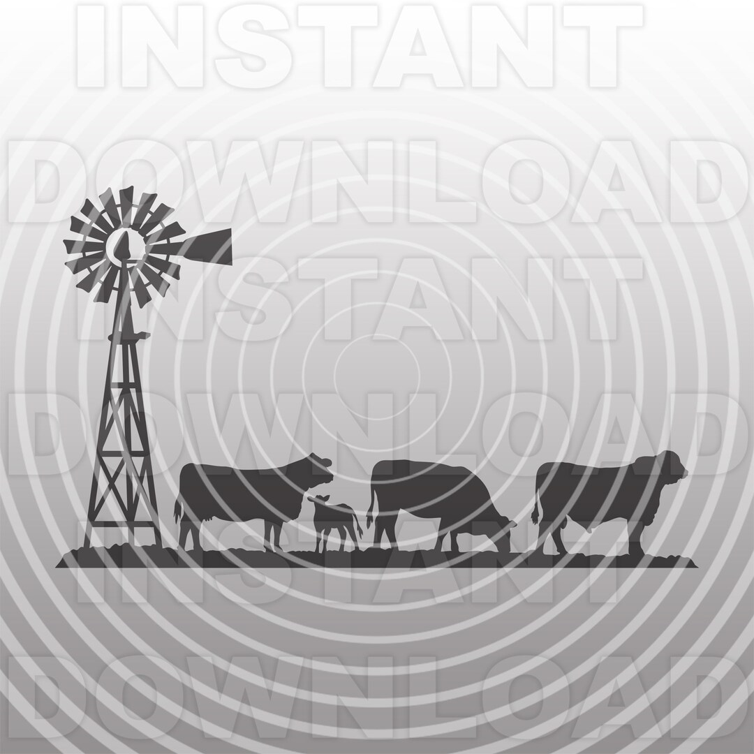 Brangus Show Cattle Ranching Scene With Windmill SVG File -vector ...