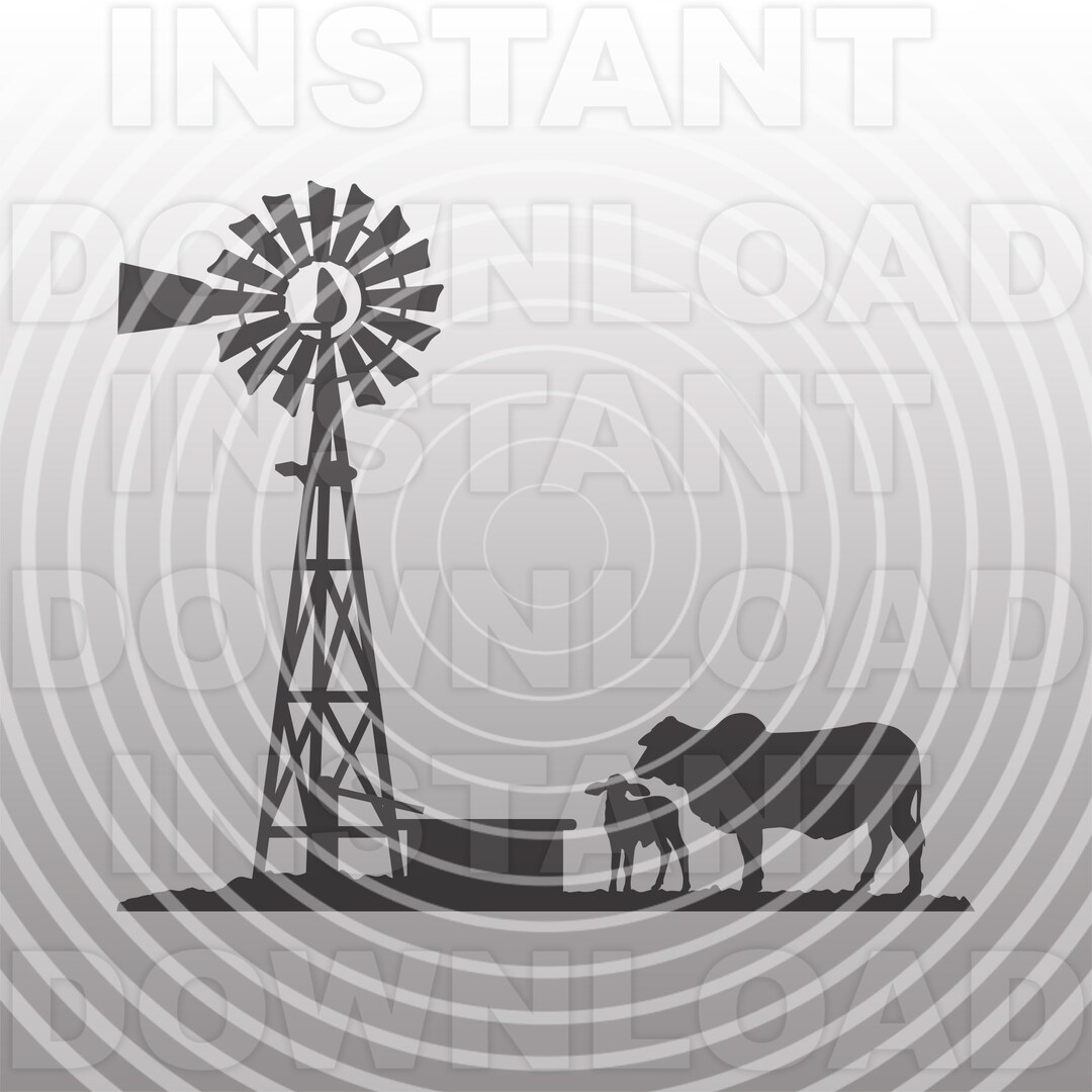 Farm Scene With Brahman Cattle and Windmill SVG File,farming SVG ...