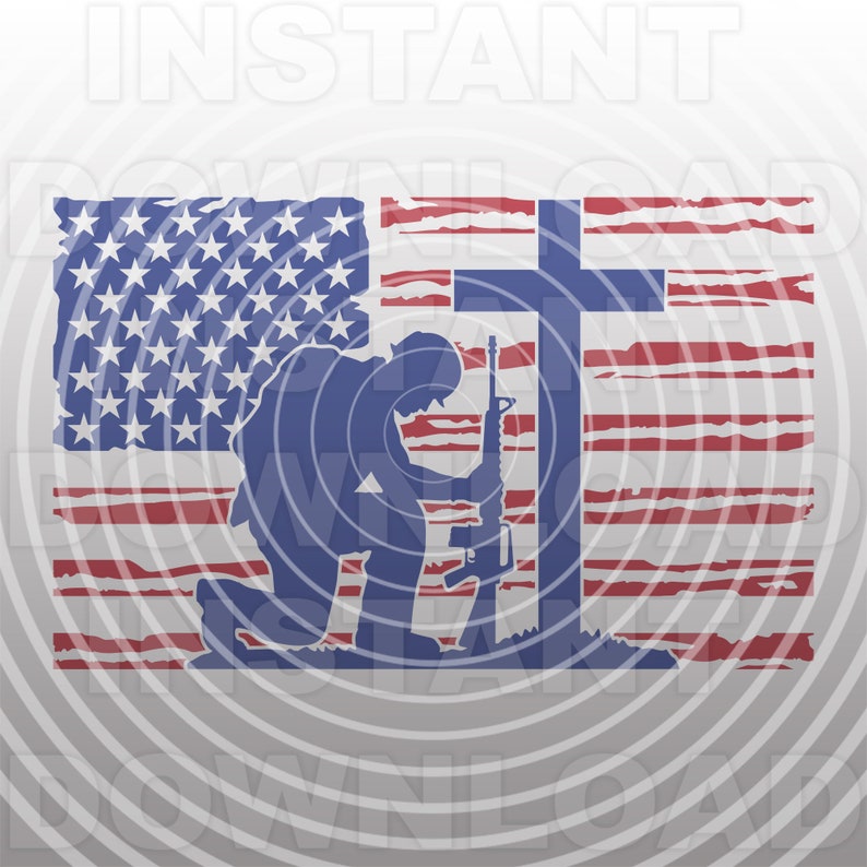 Distressed USA Flag Fallen Soldier Kneeling at Memorial Cross | Etsy