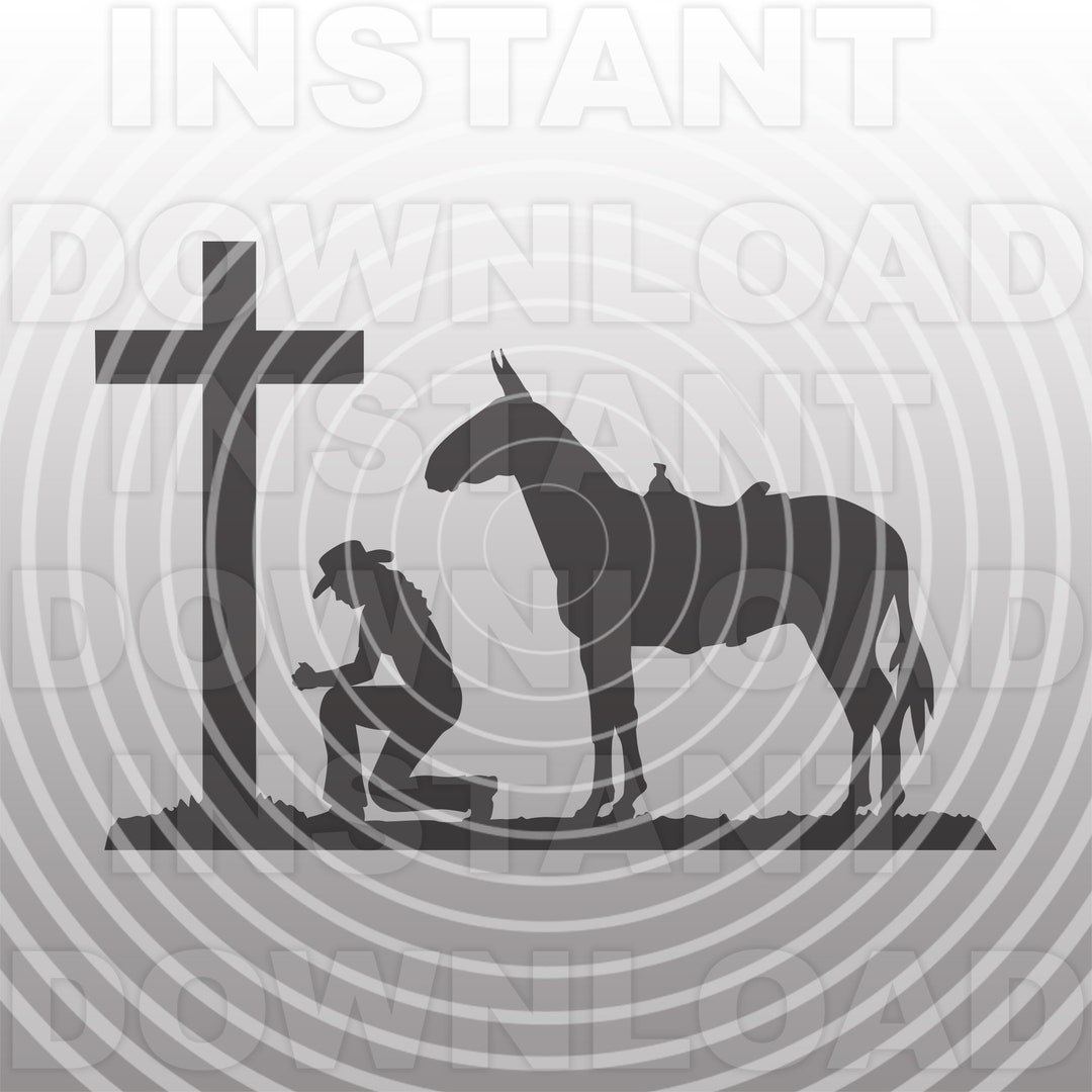 Cowgirl Kneeling Praying With Mule at Memorial Cross SVG File -vector ...