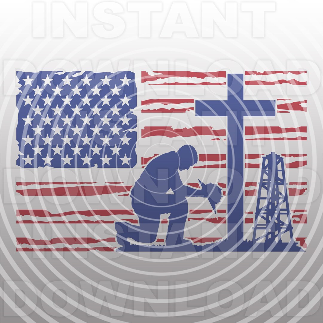 Oilfield Roughneck Rigger Kneeling Praying at Memorial Cross Distressed ...