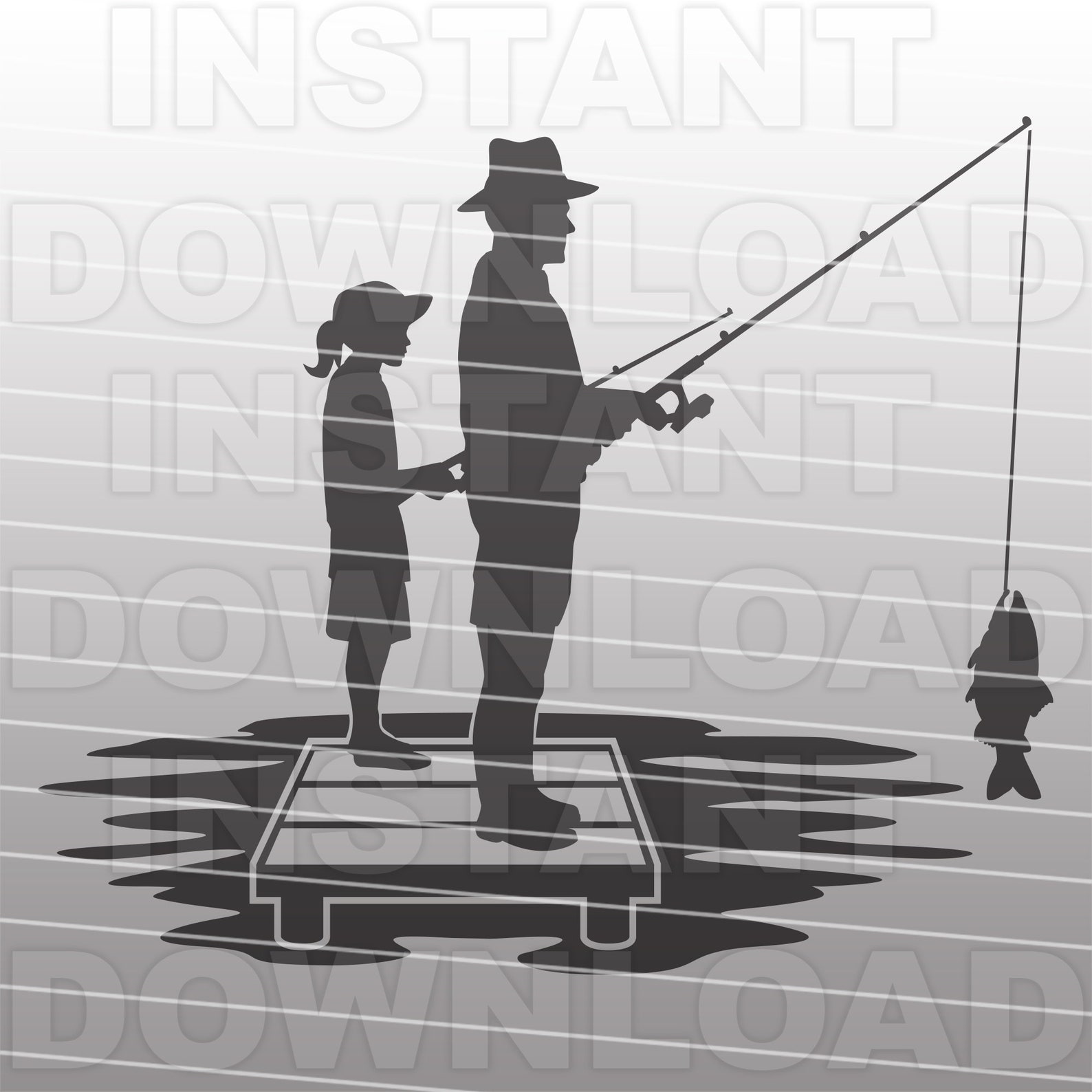 Grandfather and Granddaughter With Fishing Rods Fishing on Dock SVG ...