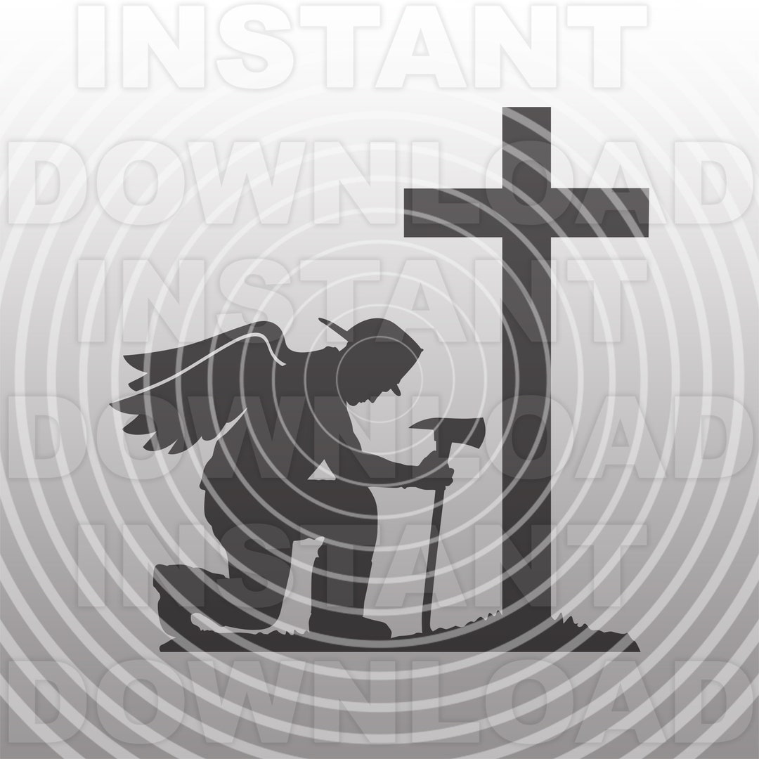 Firefighter Fireman Angel Kneeling Praying at Memorial Cross SVG File ...