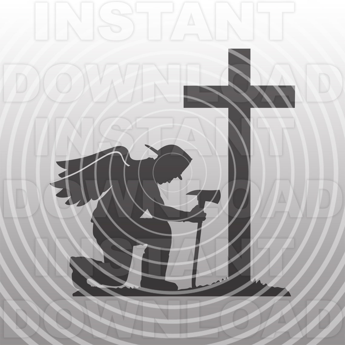 Firefighter Fireman Angel Kneeling Praying at Memorial Cross SVG File ...