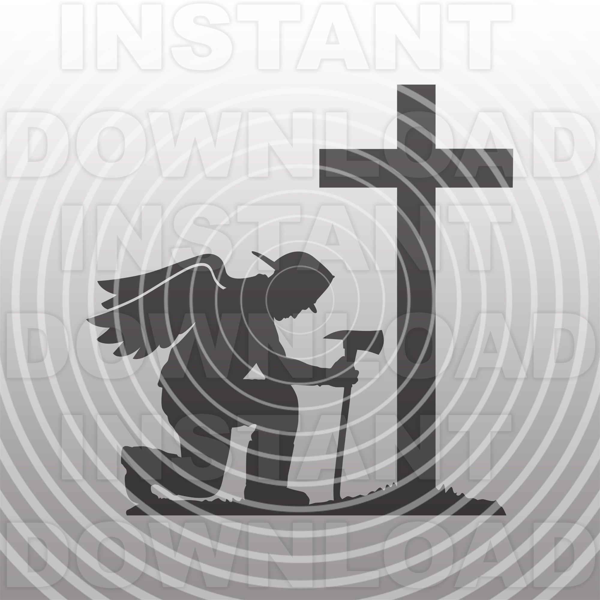 Firefighter Fireman Angel Kneeling Praying at Memorial Cross SVG File ...