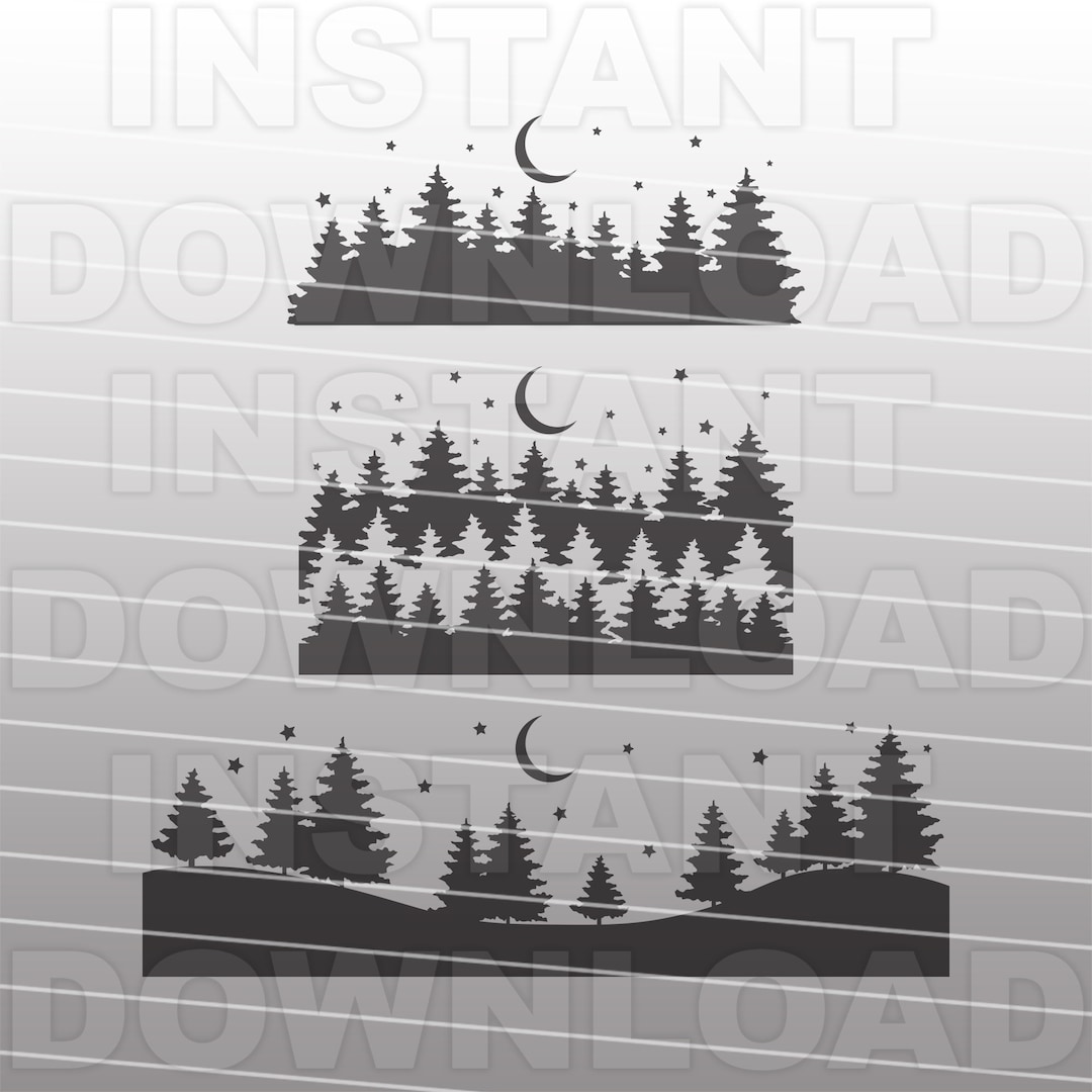 Starry Night Trees Moon and Stars Svg,pine Forest Scene Svg,pine Tree ...