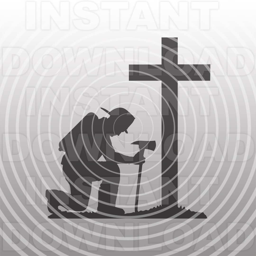 Firefighter Fireman Kneeling Praying at Memorial Cross SVG File ...