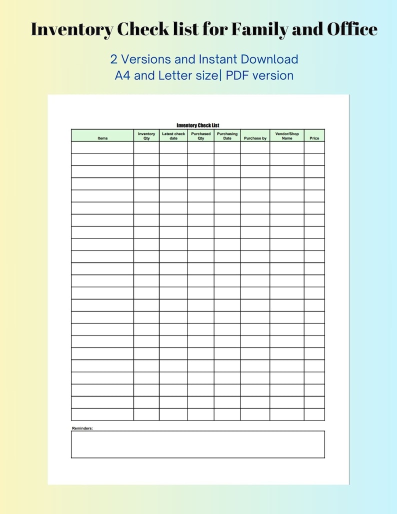 Inventory Supplies Tracking List for Business, Office, Home Use ...