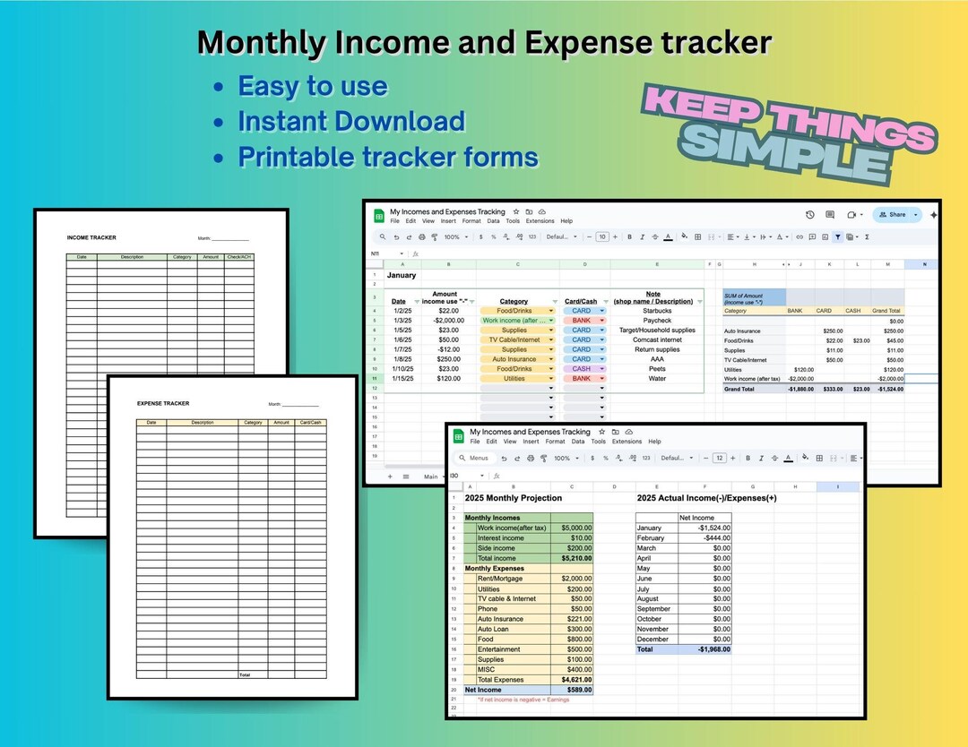 Simple Easy to Use Personal Monthly Income & Expenses Tracking Sheet ...