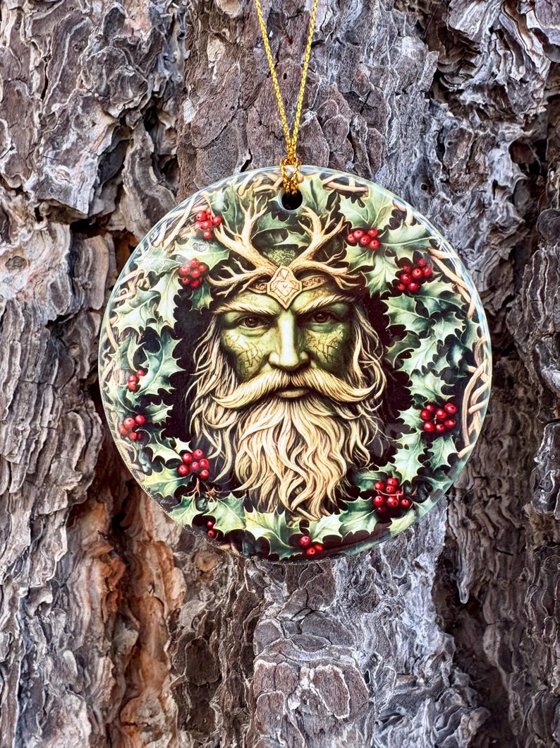 Pagan Yule Ornament With Holly Green Man Figure, Yuletide Gift ...